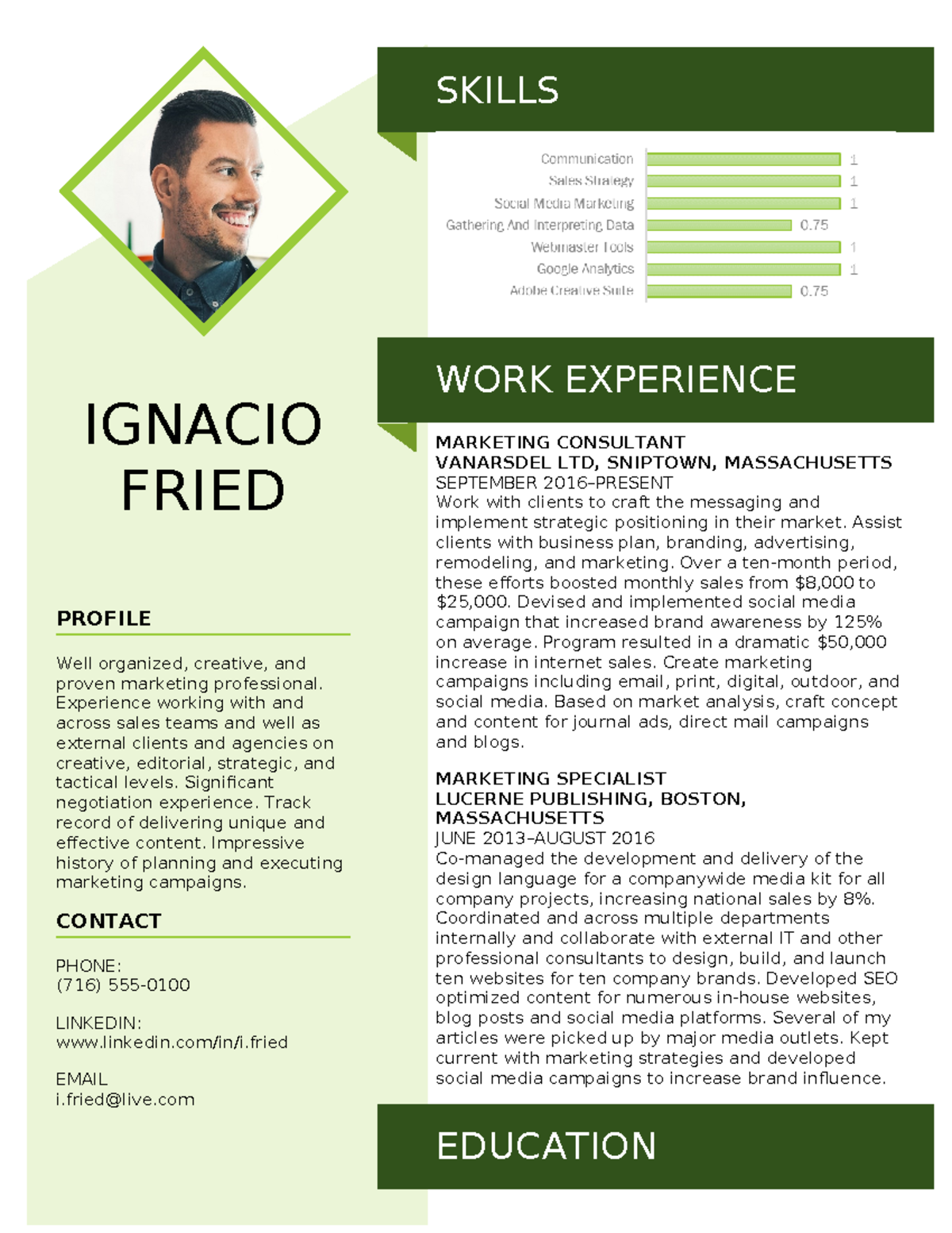 Marketing resume - SKILLS IGNACIO FRIED PROFILE WORK EXPERIENCE MARKETING CONSULTANT VANARSDEL ...