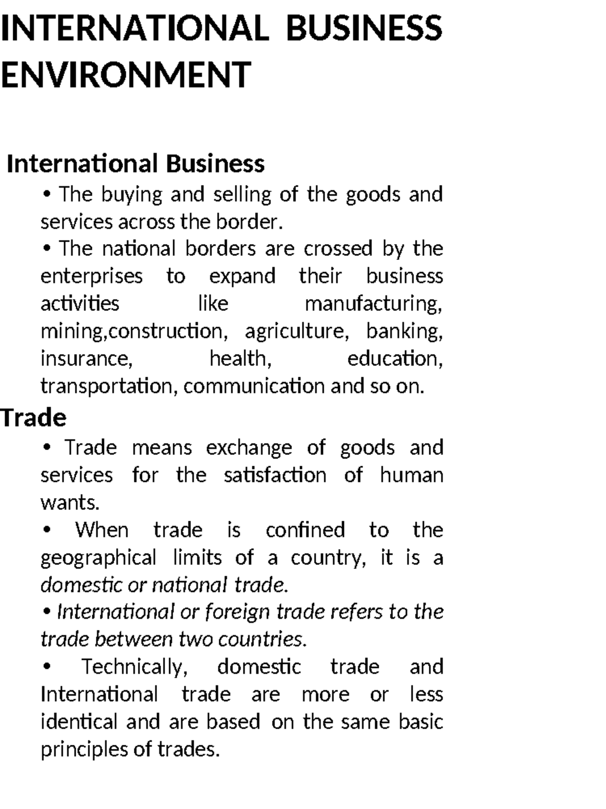 INT- Environment - summary - INTERNATIONAL BUSINESS ENVIRONMENT ...