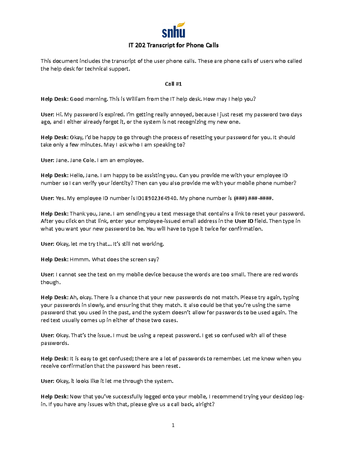 IT 202 Project Two Transcript for Phone Calls - IT 202 Transcript for ...