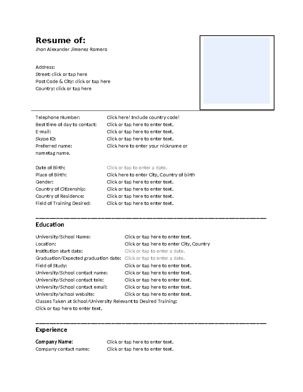 MTL - CV Template (please download & save before use) - Resume of: Jhon Alexander Jimenez Romero ...