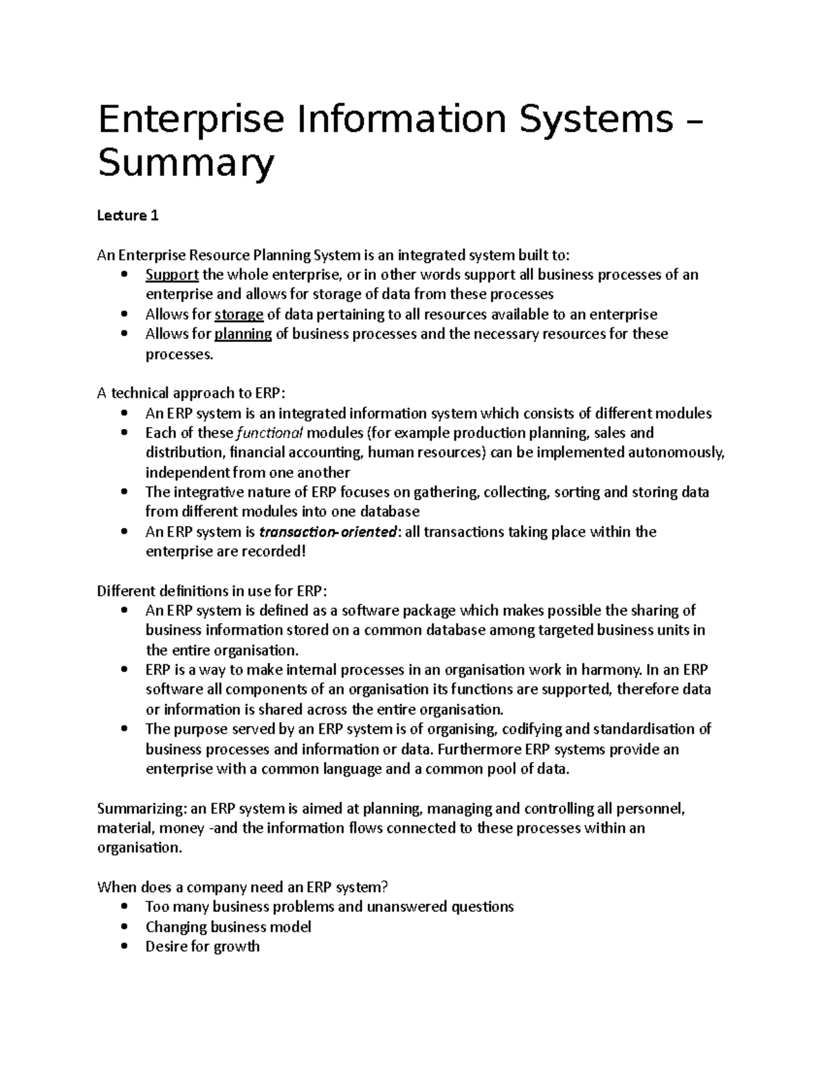 Enterprise information systems summary - Enterprise Information Systems ...