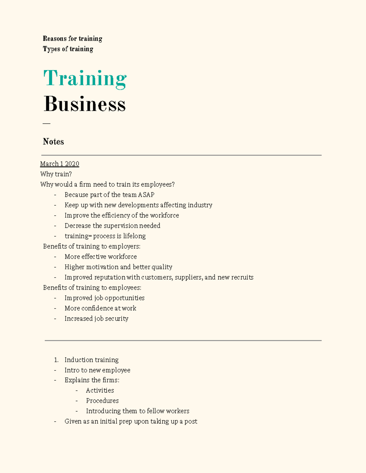 Training - Lecture notes 9 - Reasons for training Types of training ...
