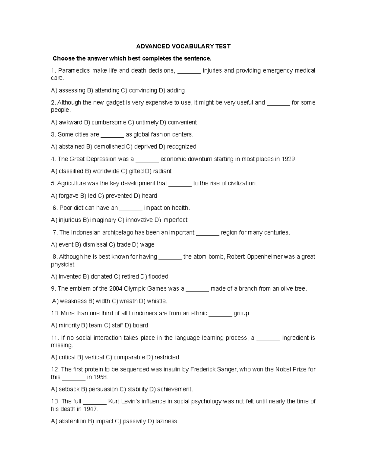 Advanced Vocabulary TEST - ADVANCED VOCABULARY TEST Choose the answer ...