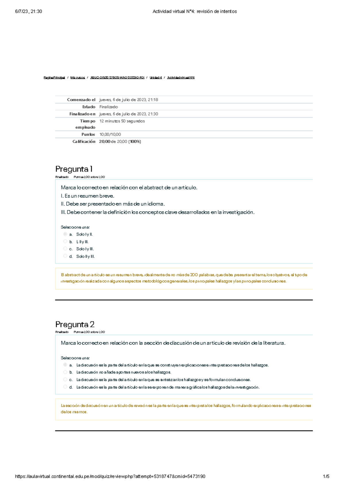 Actividad virtual N°4 revisión de intentos - Página Principal / Mis cursos / - Studocu