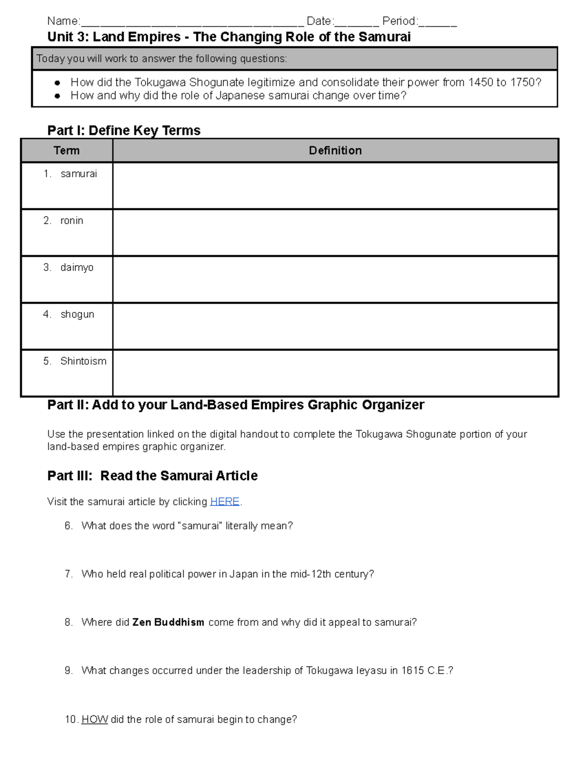 Copy of Copy of Unit 3 Samurai Inquiry Lesson (APWH Student Handout ...