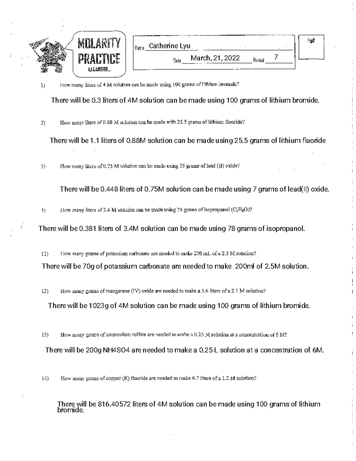 Molarity Worksheet - CHEM 001A - Studocu