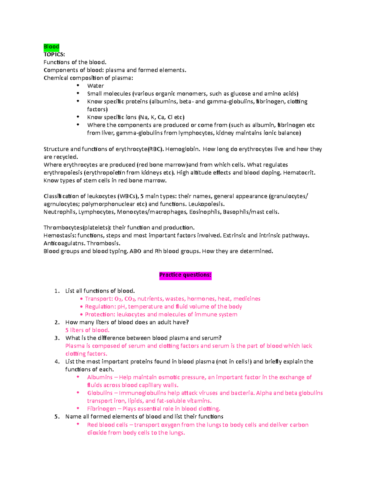 Blood study guide for Exam - Blood TOPICS: Funcons of the blood ...