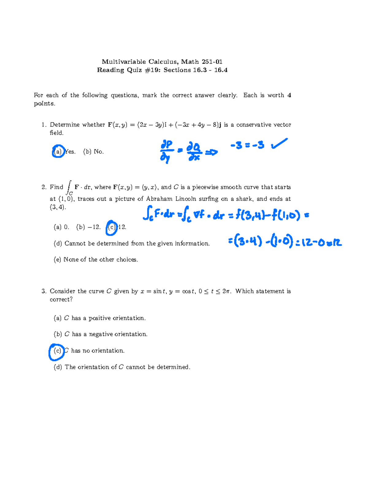 Reading Quiz #19 - Sections 16.3 - 16 - Multivariable Calculus, Math ...