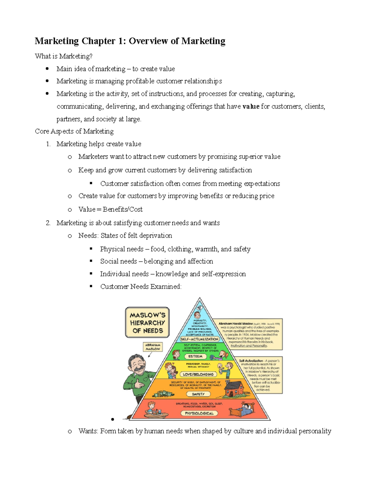 Marketing First Exam Class Notes - Marketing Chapter 1: Overview of ...