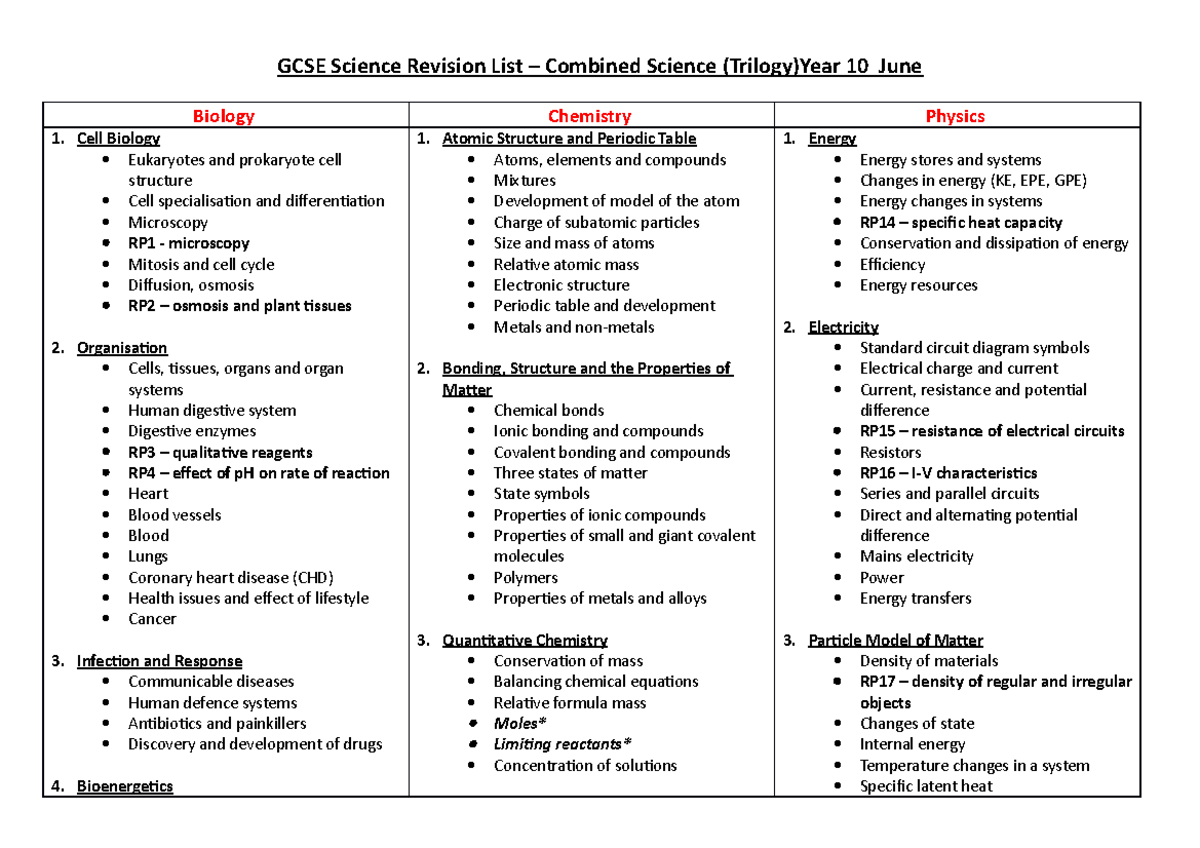 Combined Year 10 Revision List - GCSE Science Revision List – Combined ...
