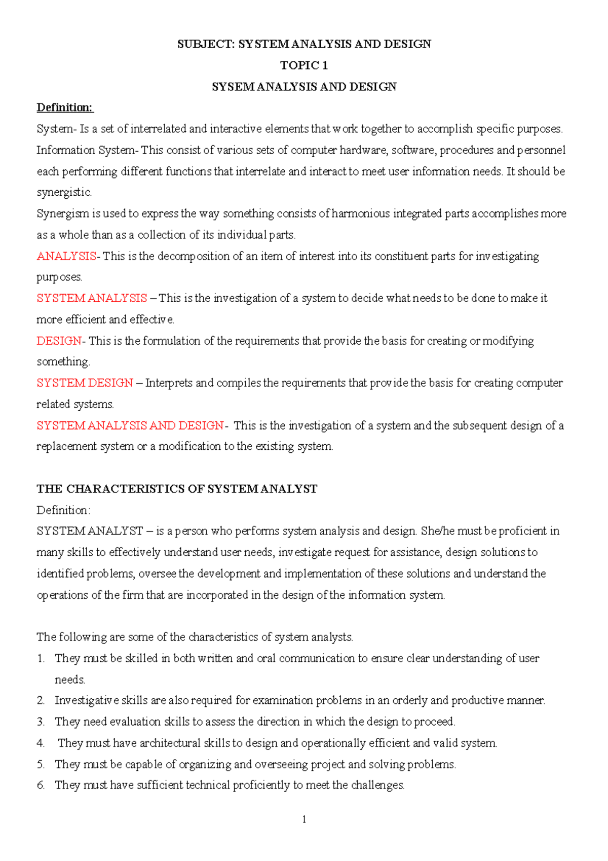 Korir sad notes - system analysis and design - SUBJECT: SYSTEM ANALYSIS ...
