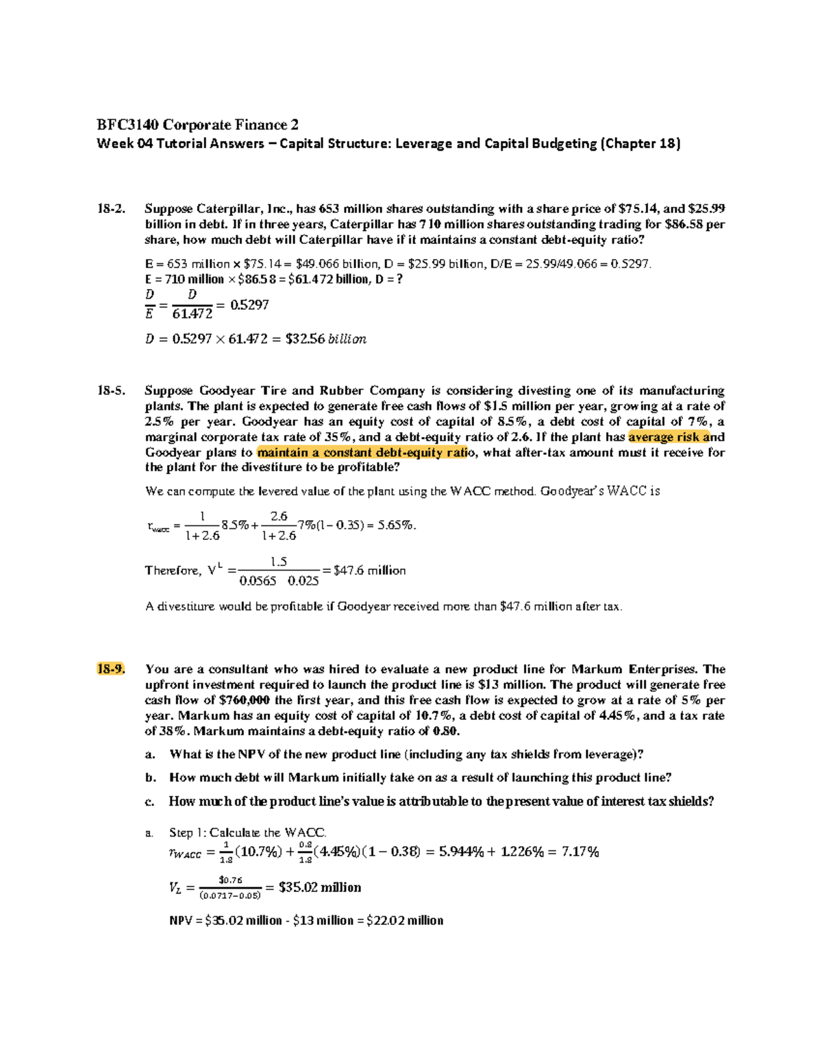 Week 04 Tutorial As 5ED - BFC3140 Corporate Finance 2 Week 04 Tutorial ...