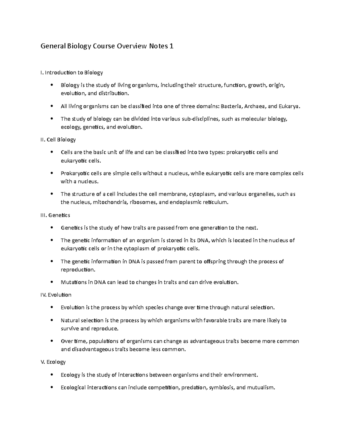 General Biology Course Overview Notes 1 - Introduction to Biology ...