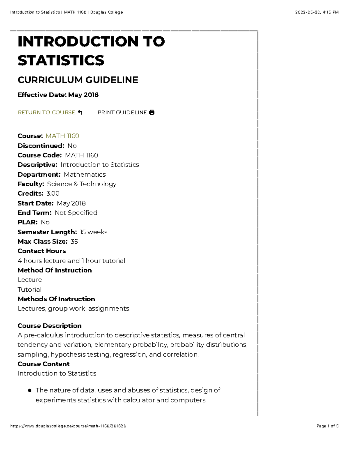 Introduction to Statistics MATH 1160 Douglas College - Course ...