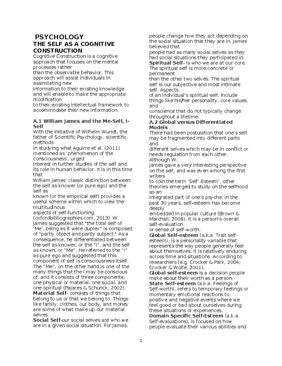 Ssp psychology - PSYCHOLOGY THE SELF AS A COGNITIVE CONSTRUCTION ...