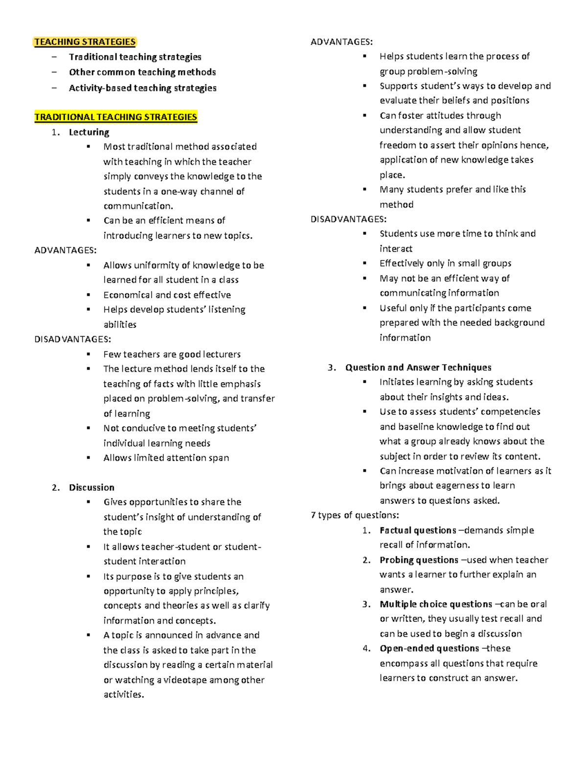 Finals ALL notes health ed - TEACHING STRATEGIES − Traditional teaching ...