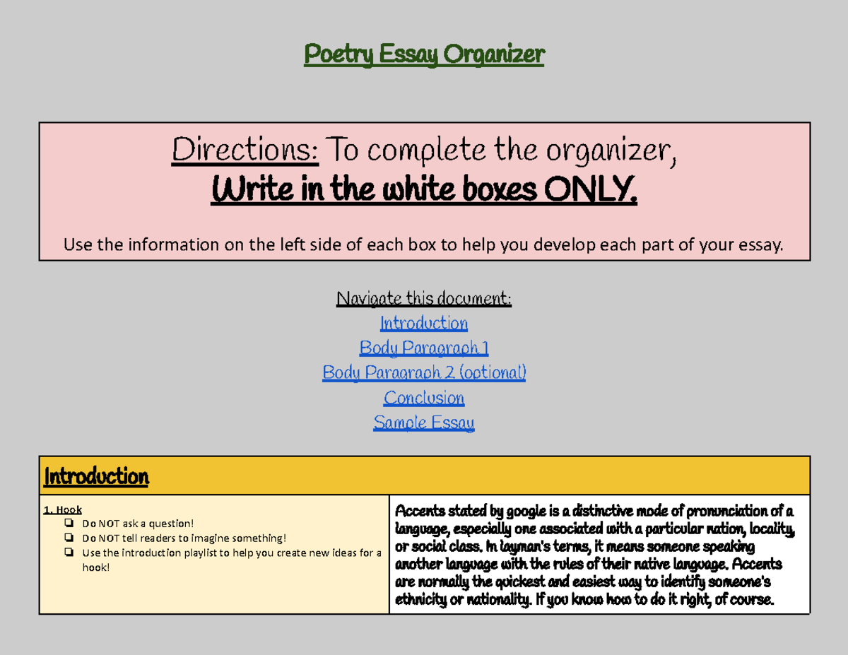 Copy of Poetry TEXT Organizer - Poetry Essay Organizer Directions:To ...