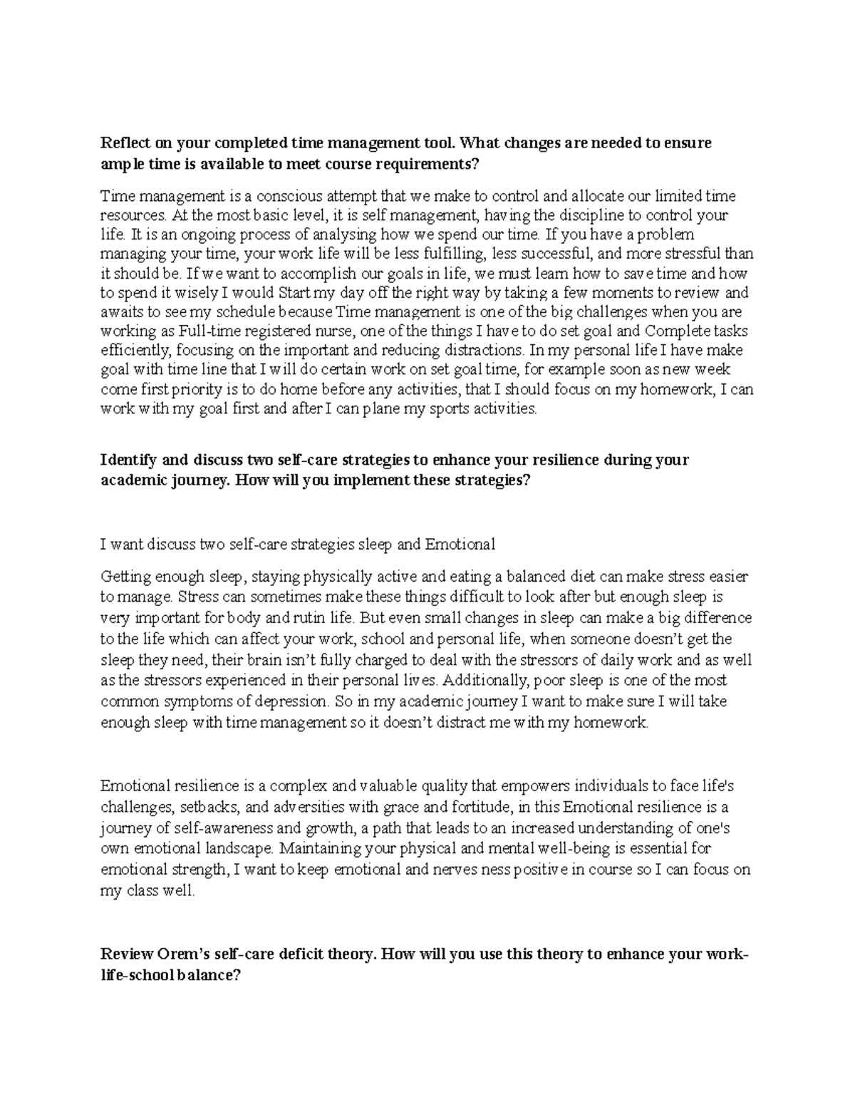 Week 1 - Reflect on your completed time management tool. What changes ...