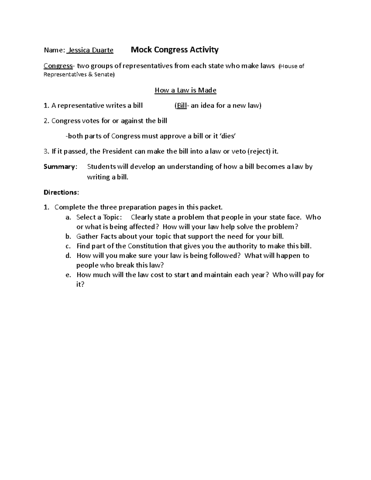 Chapter 5 assessment - Name: Jessica Duarte Mock Congress Activity ...