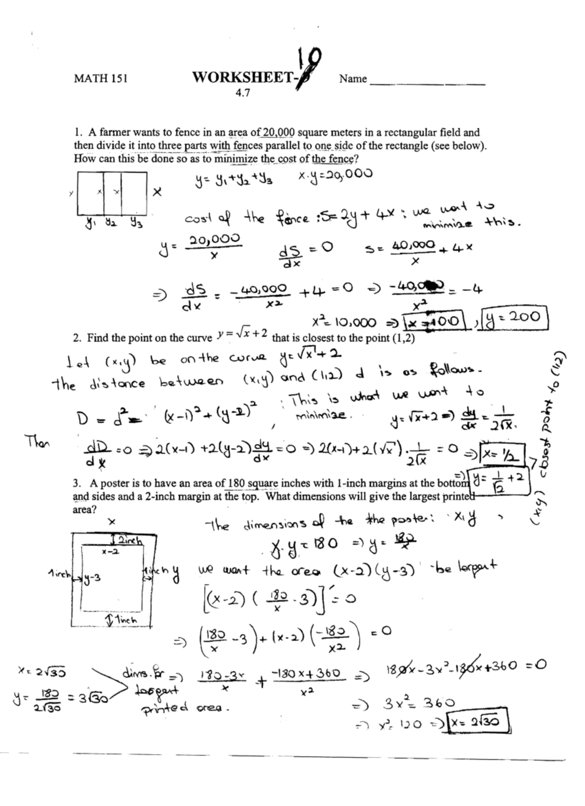 M151F12 Worksheet 10 SOL - lD WORKSHEET' MATH 151 Name 4 1. A fanner ...