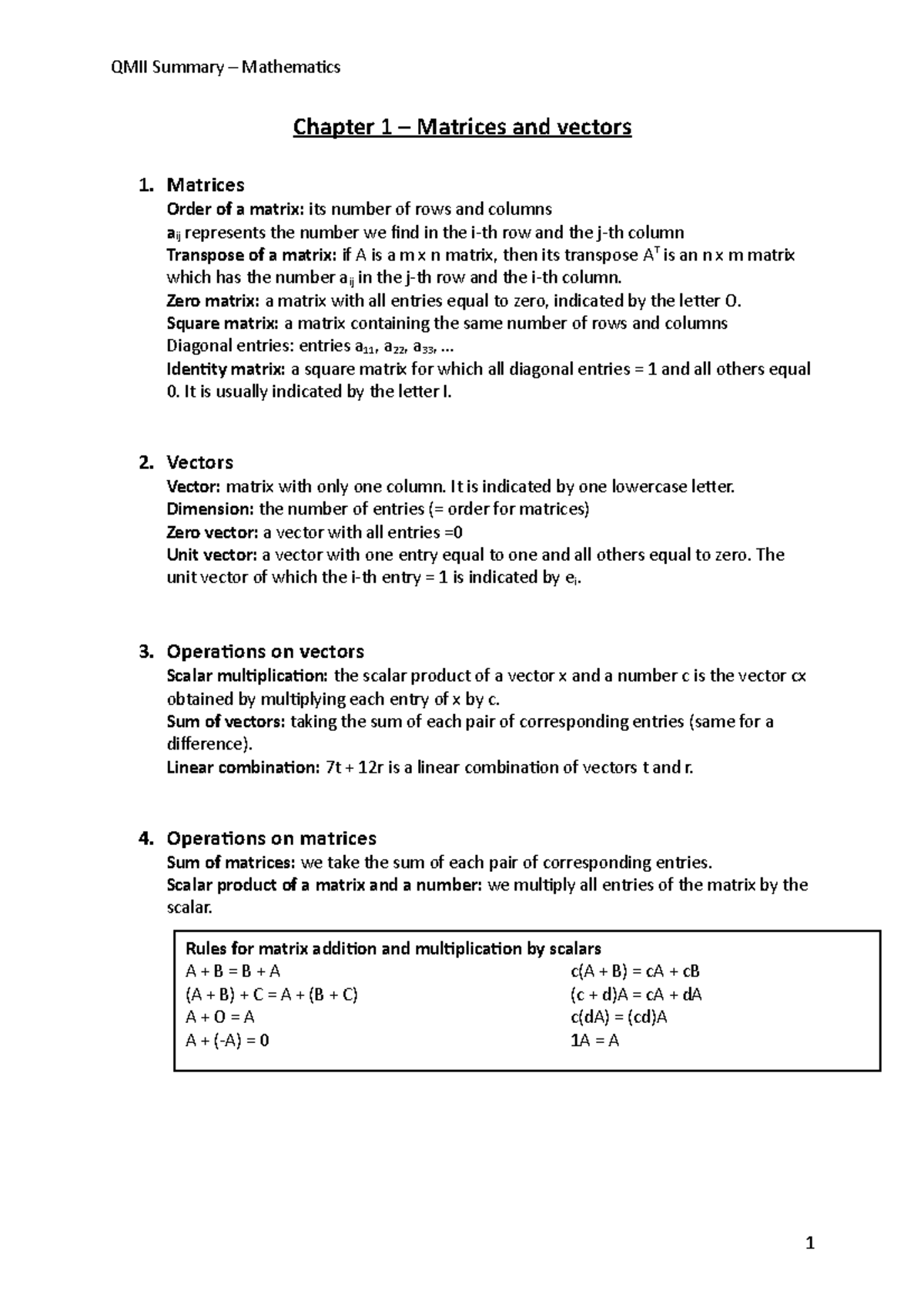 QMII Summary - Mathematics - Chapter 1 – Matrices and vectors 1 ...