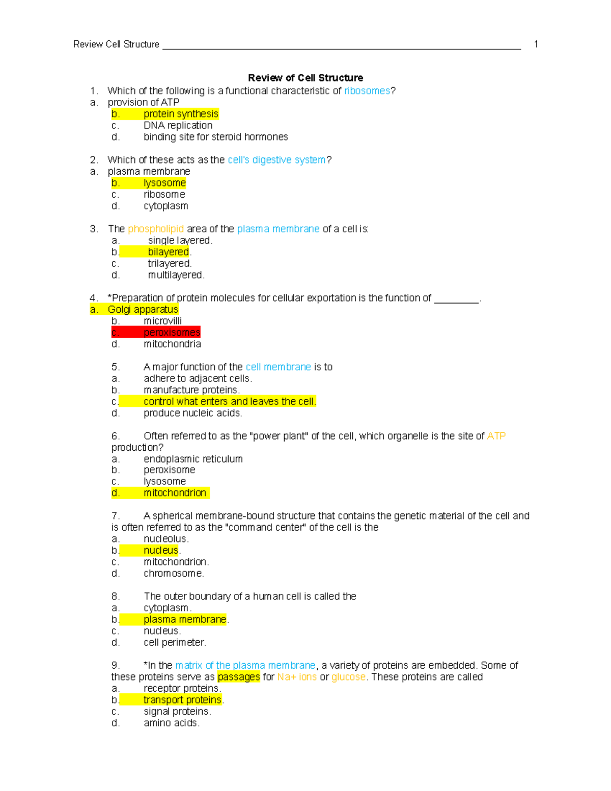 2.0 Cell Structure Review - Review of Cell Structure Which of the ...