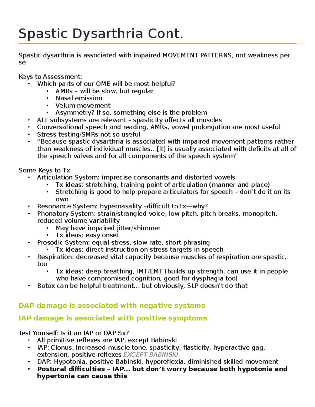 Week 4 Notes - Sarah Penzell - Spastic Dysarthria Cont. Spastic ...