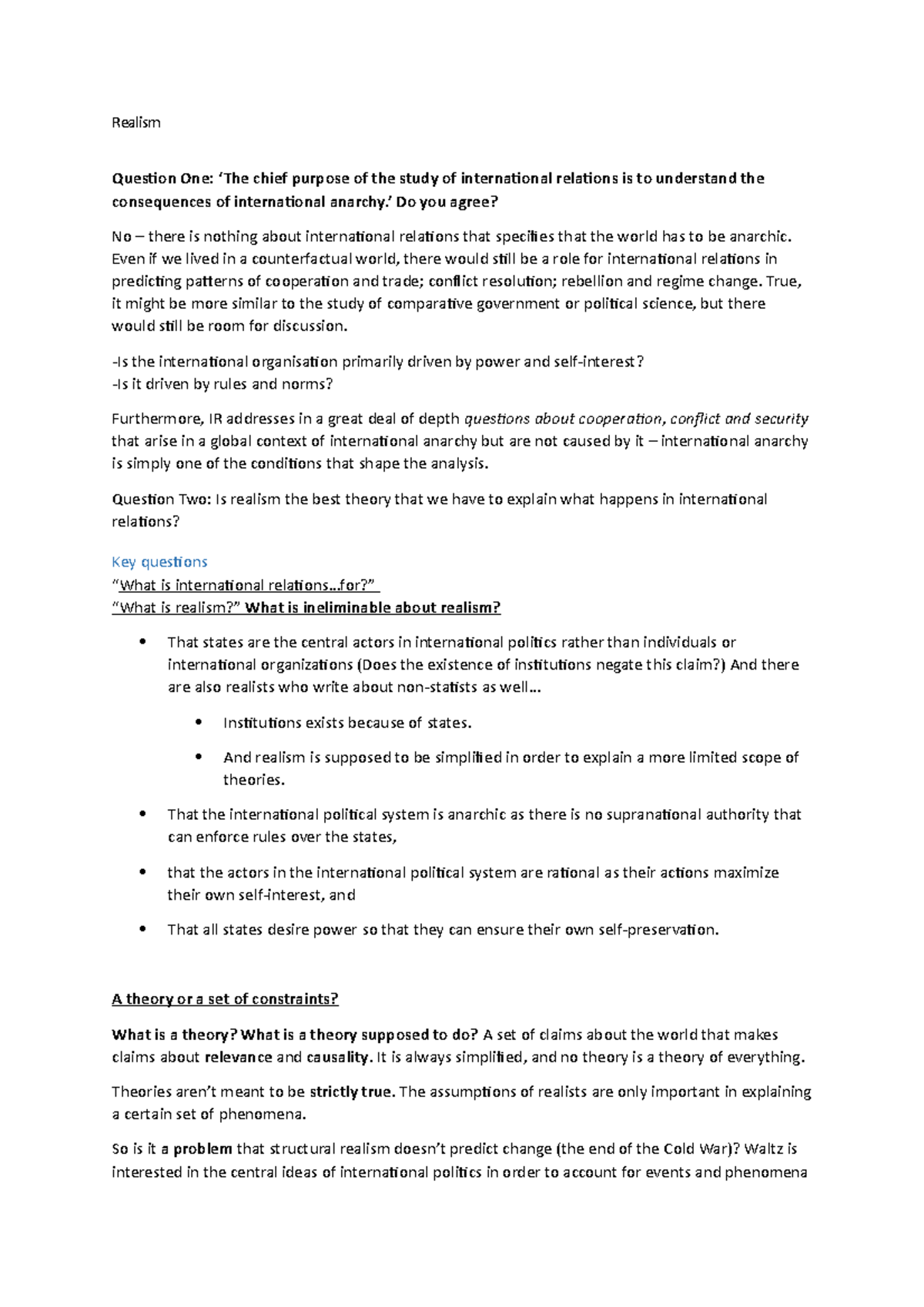 Academic literature summary - Realism - Realism Question One: chief ...