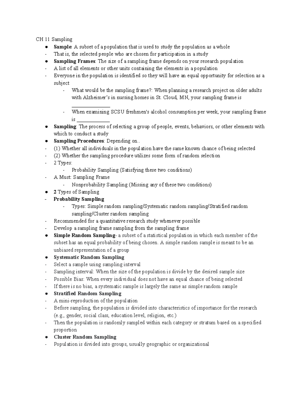 Review 7 - Lecture notes for quizzes - CH 11 Sampling Sample: A subset ...