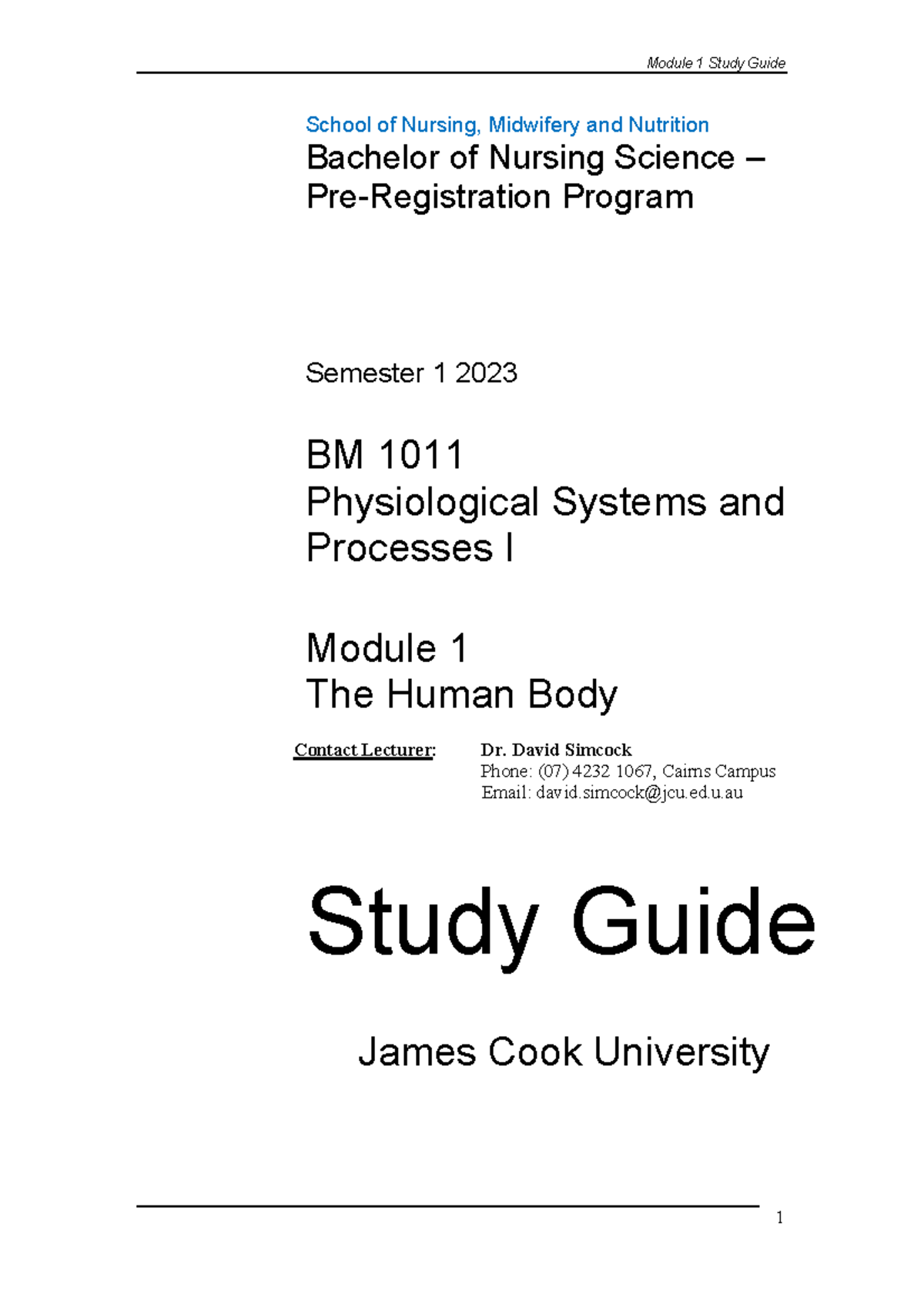 BM1011 2023 Study Guide Module 1 An Introduction to the Human Body - Module 1 Study Guide School ...