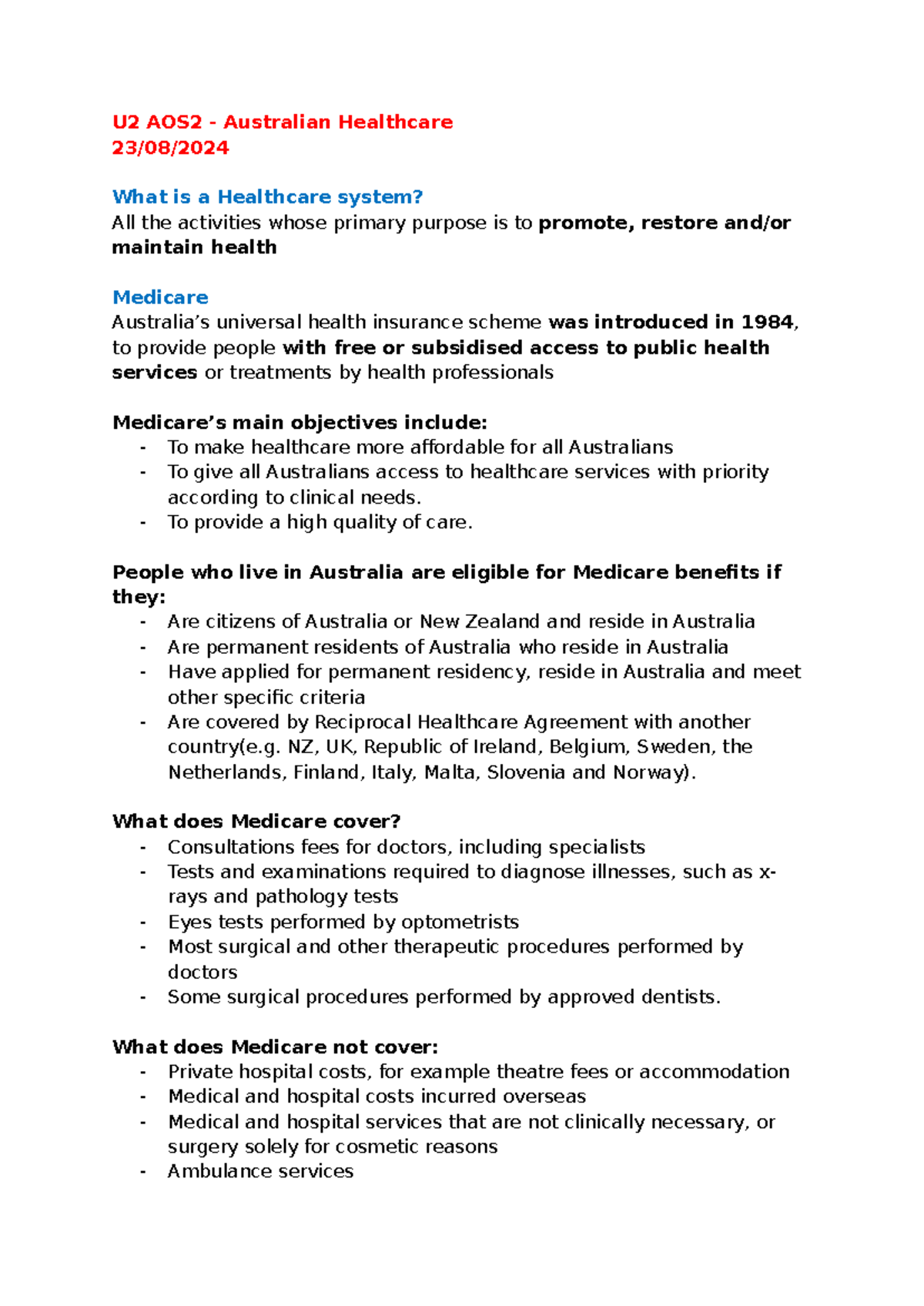Medicare PPT - Notes - U2 AOS2 - Australian Healthcare 23/08/ What is a ...