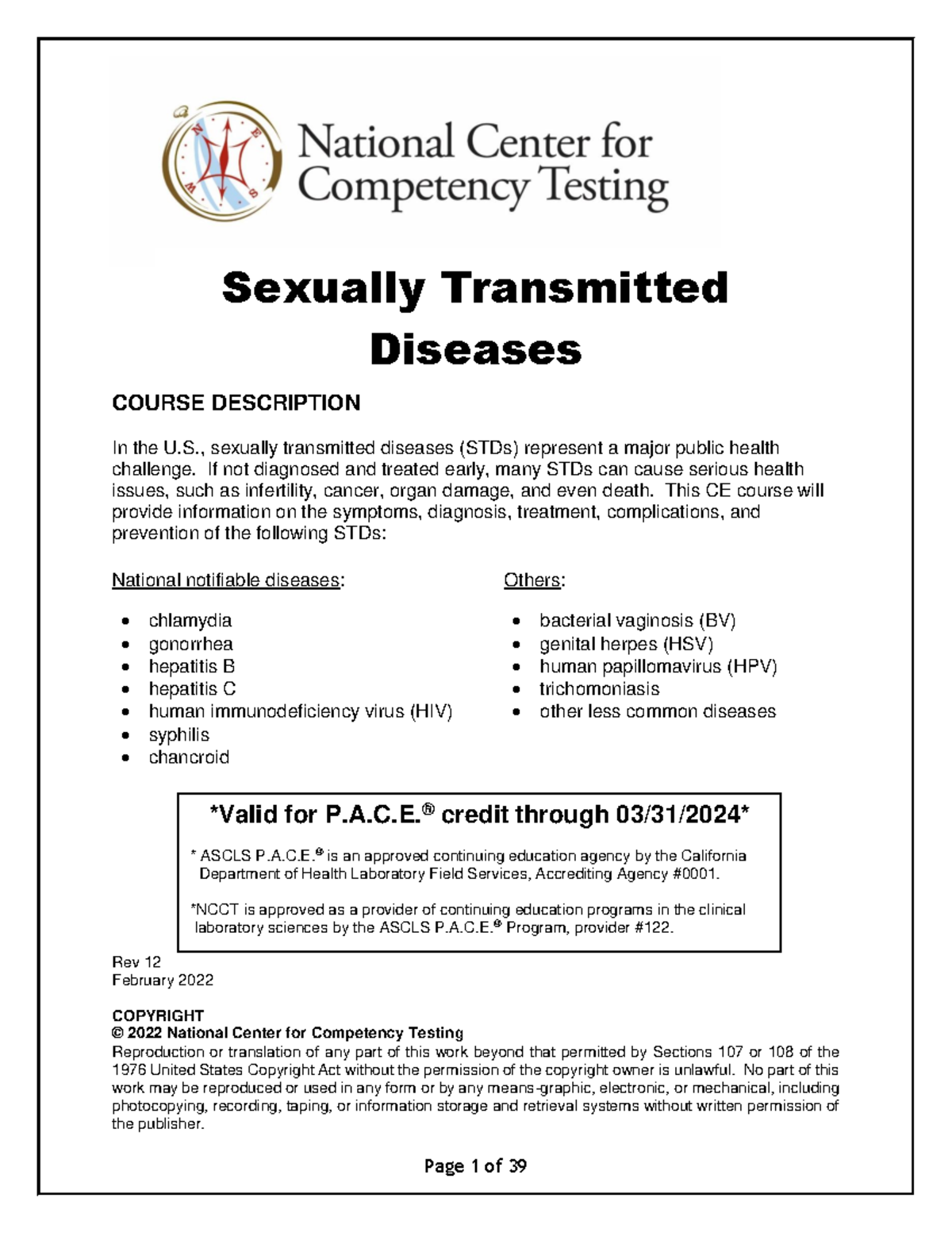 Sexually Transmitted Diseases - COURSE DESCRIPTION In the U., sexually ...