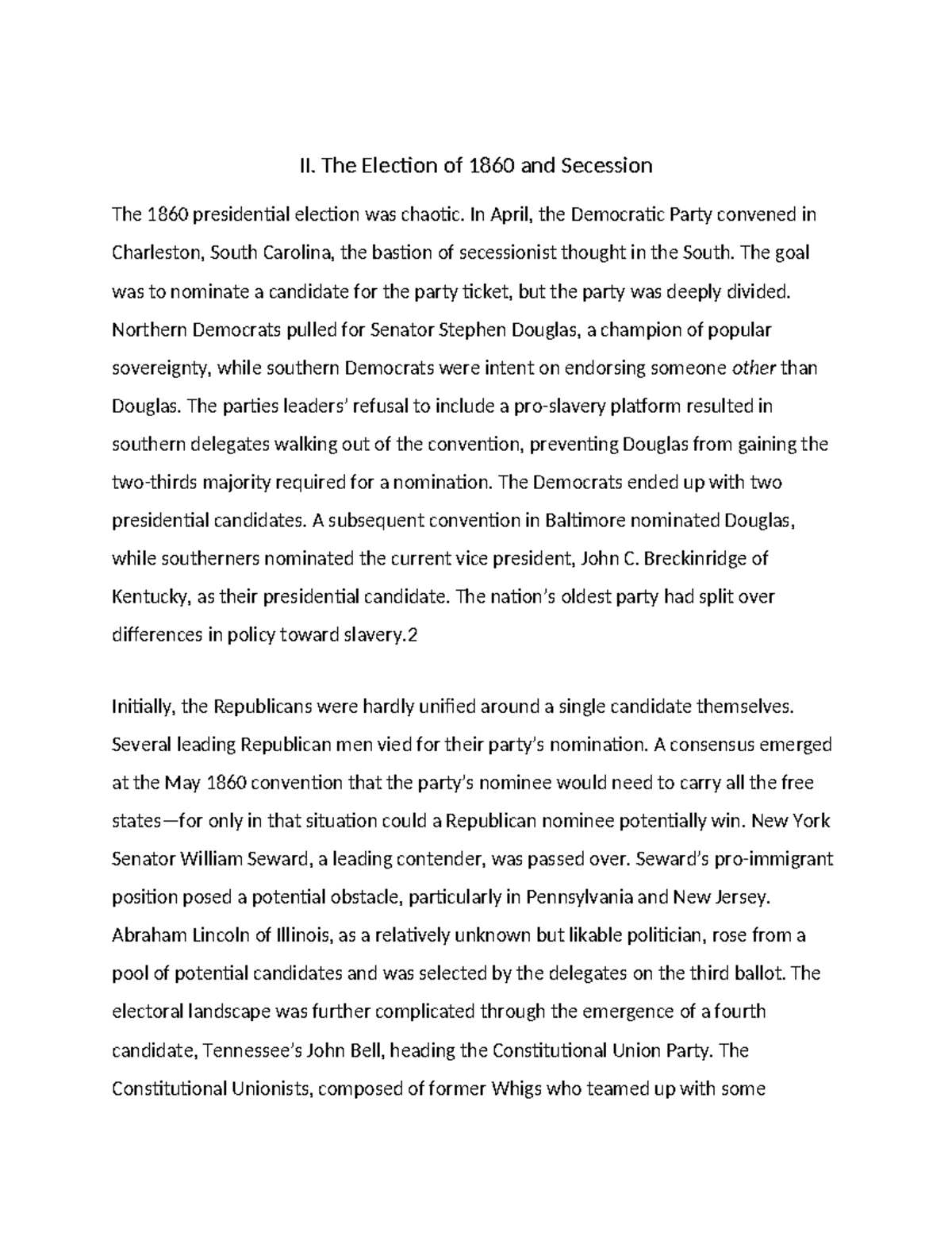 Ch.14 Section 2 - II. The Election of 1860 and Secession The 1860 ...