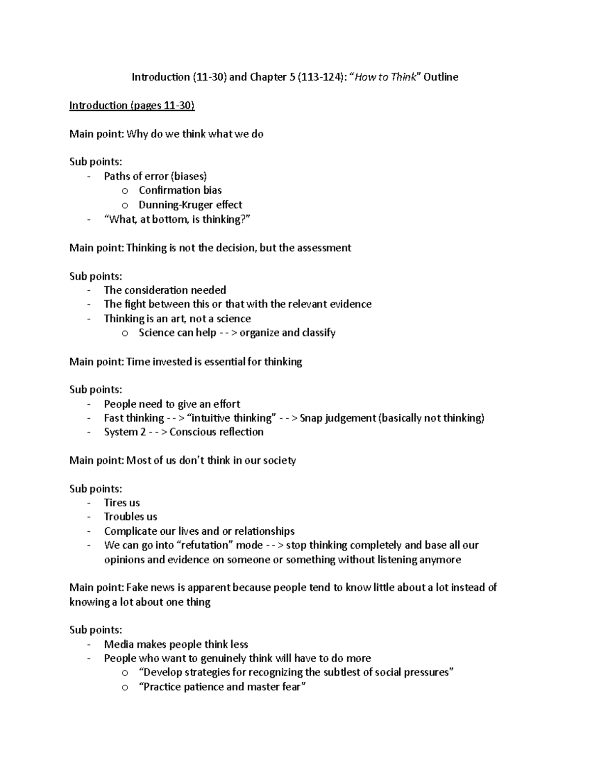 How to think outline ch. 1 and 5 - Introduction (11-30) and Chapter 5 ...