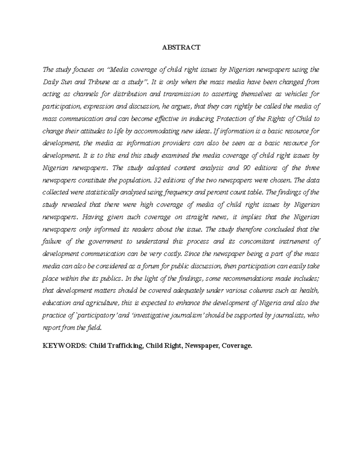 Abstract child right - ABSTRACT The study focuses on “Media coverage of ...