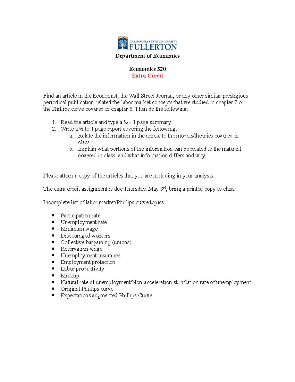 Extra Credit Assignment - Department of Economics Economics 320 Extra ...