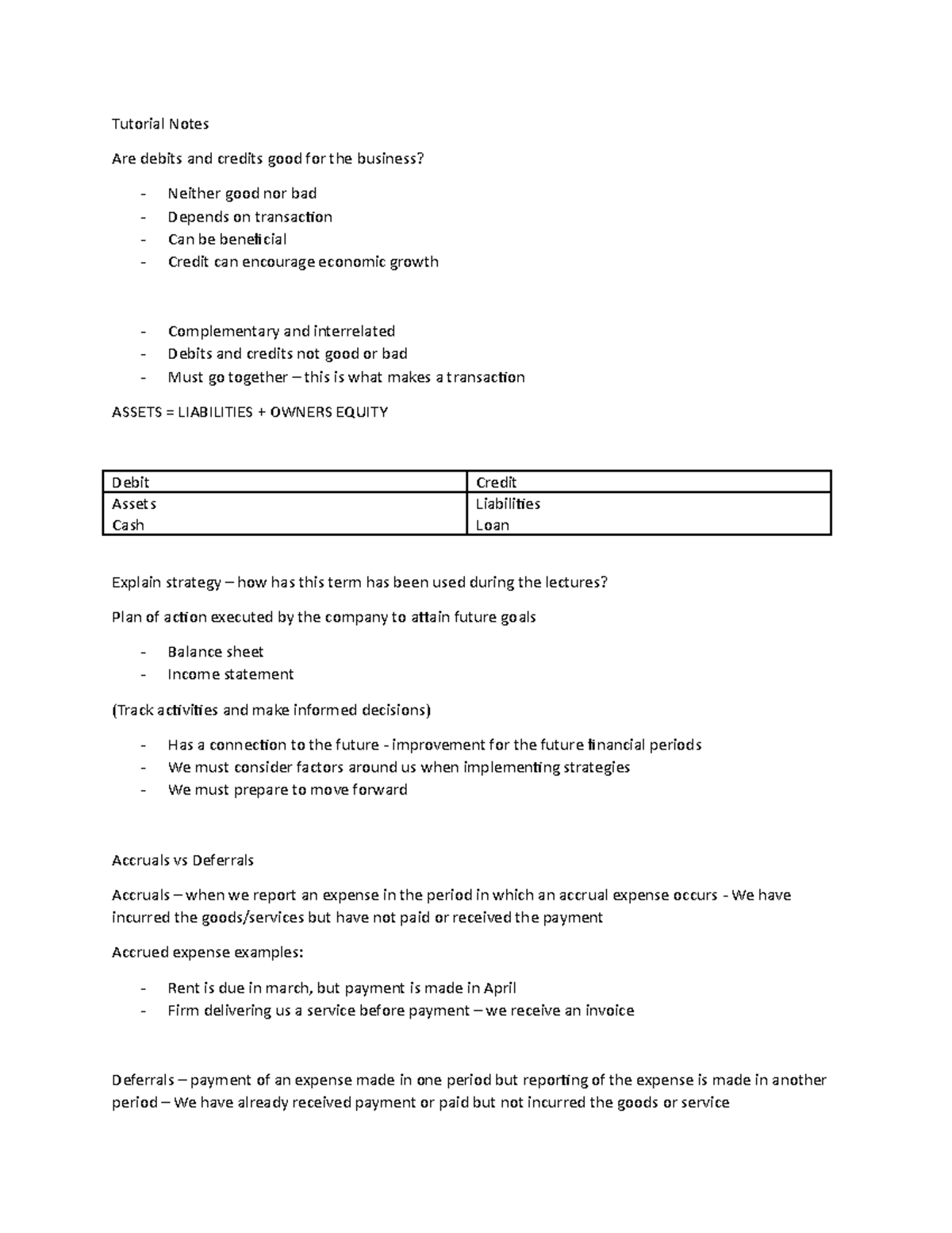 BSNS115 Tutorial Notes - Tutorial Notes Are debits and credits good for ...