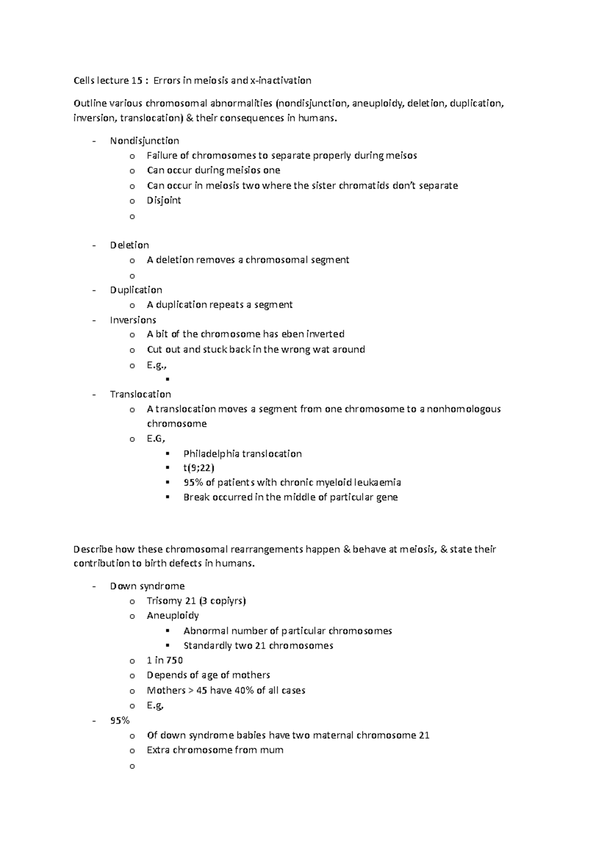 Cells lecture 15 - Cells lecture 15 : Errors in meiosis and x-inactivation Outline various - Studocu