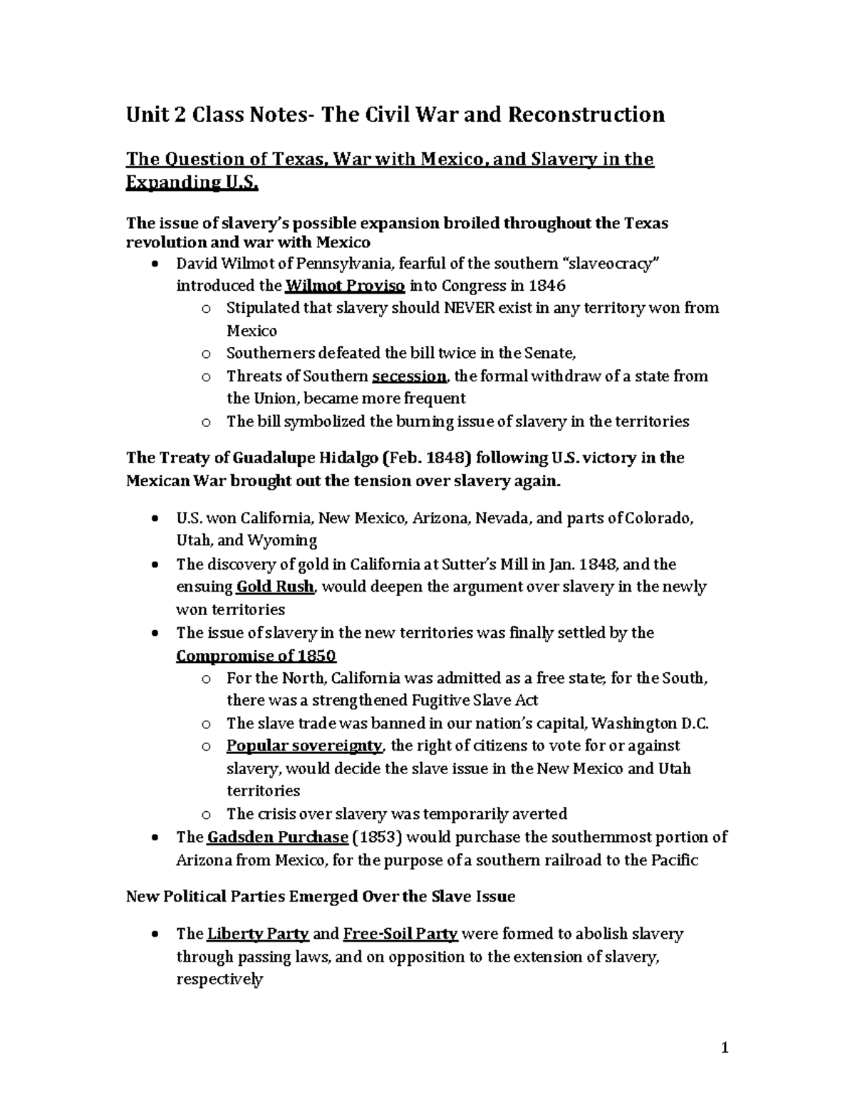 Unit 2 Class Notes - Unit 2 Class Notes- The Civil War and ...