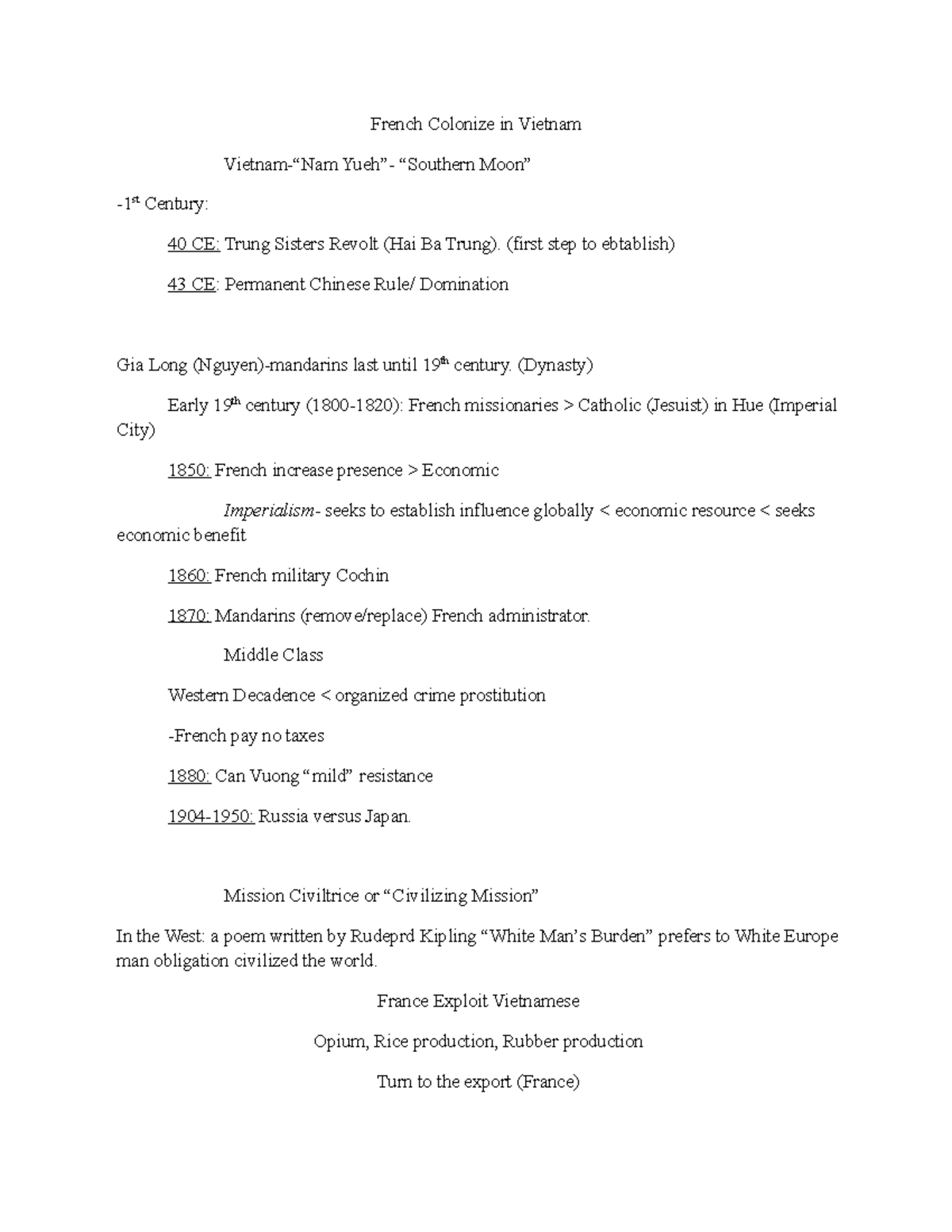 Note - Notes - French Colonize in Vietnam Vietnam-“Nam Yueh”- “Southern ...