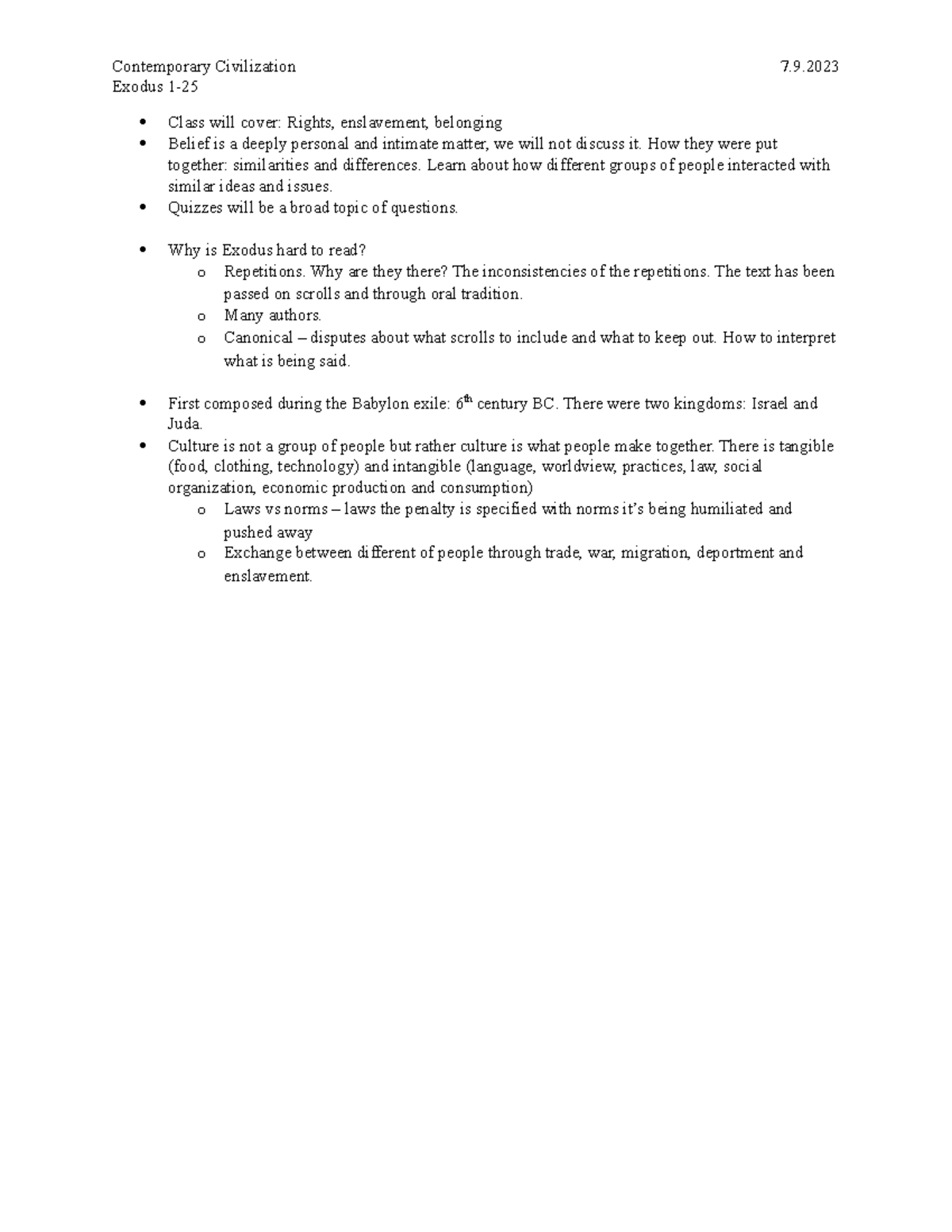 Class zero - Exodus - Contemporary Civilization 7. Exodus 1- Class will ...