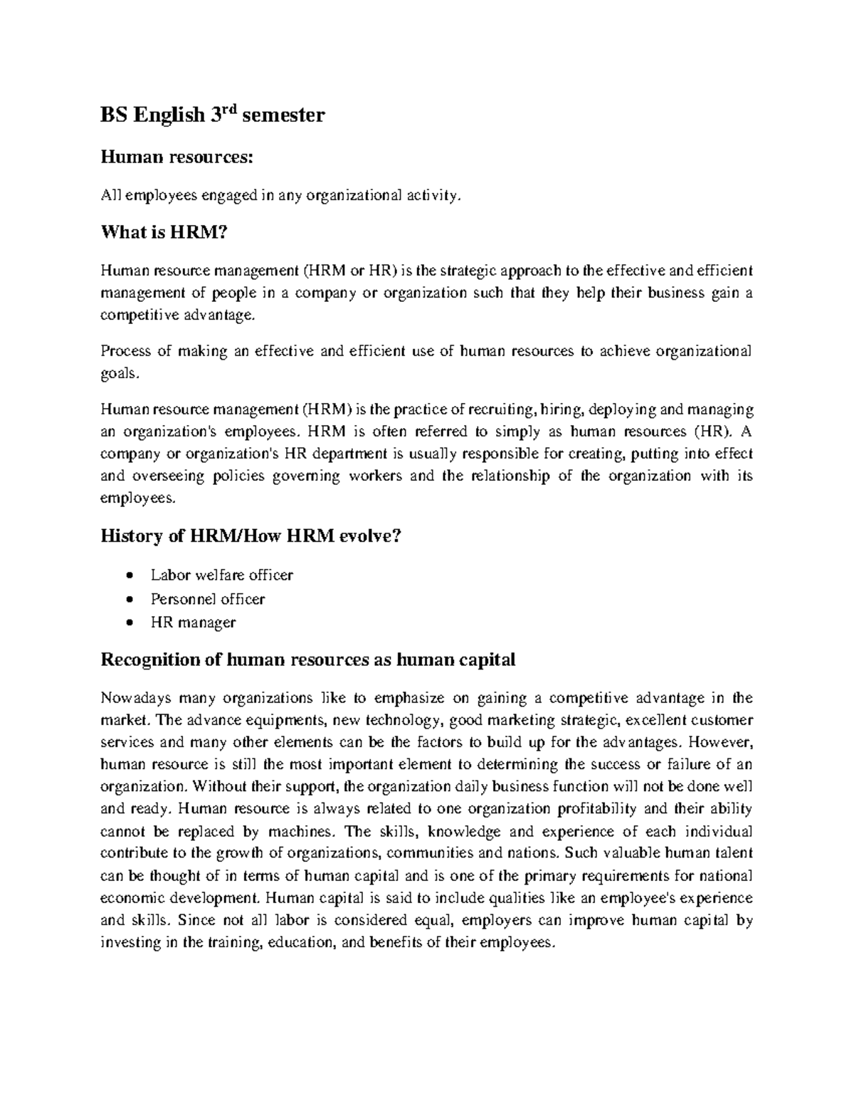 HRM.. activities - Notes - BS English 3rd semester Human resources: All ...
