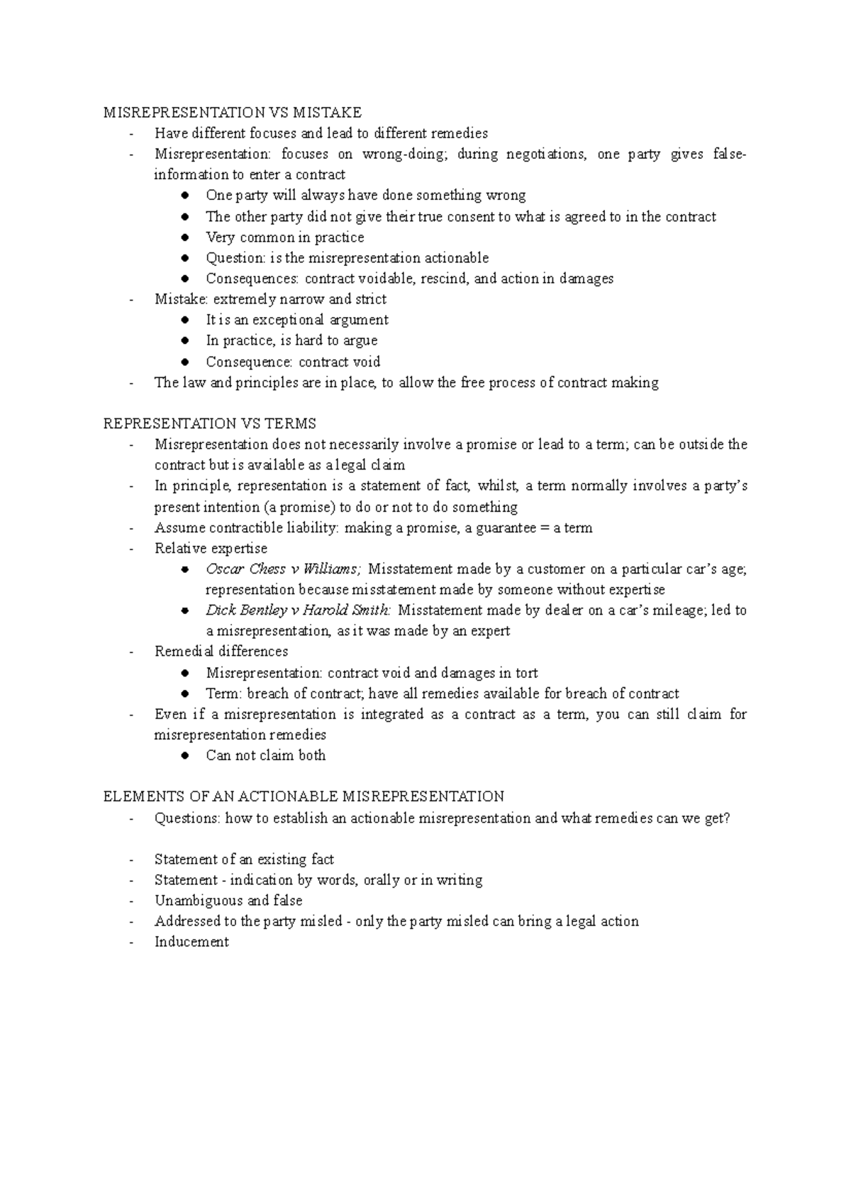 Misrepresentation - lecture notes - MISREPRESENTATION VS MISTAKE Have ...