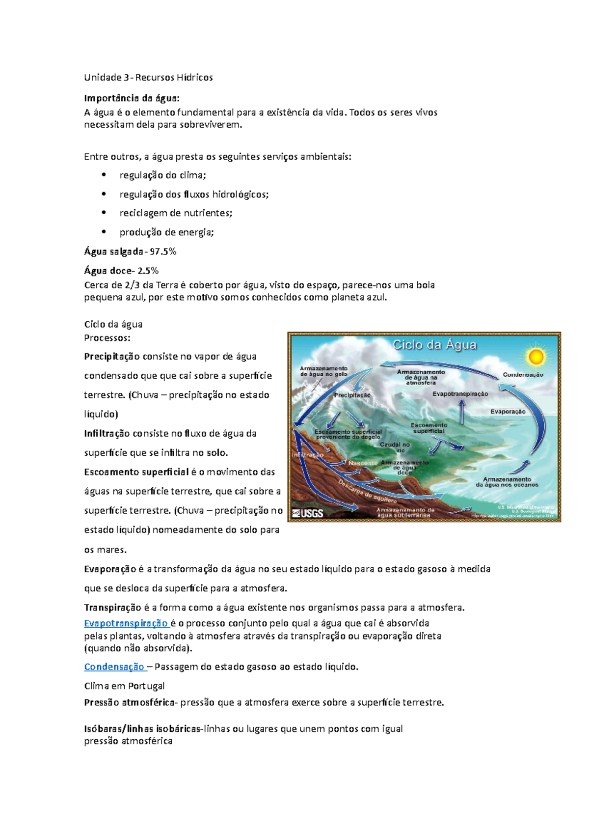 Resumos de geografia mt bem - Unidade 3- Recursos Hídricos Importância ...
