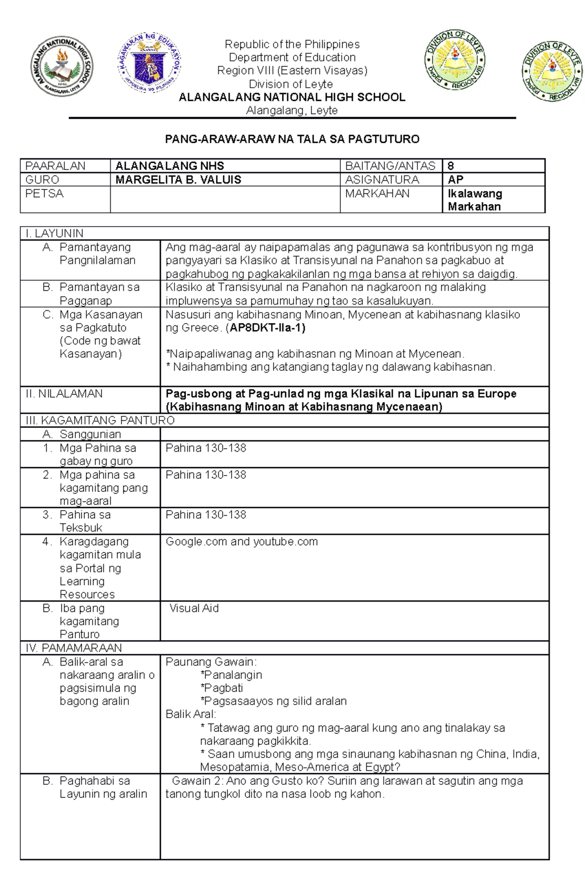 Lesson PLAN 2nd quarter week 1 - Republic of the Philippines Department ...