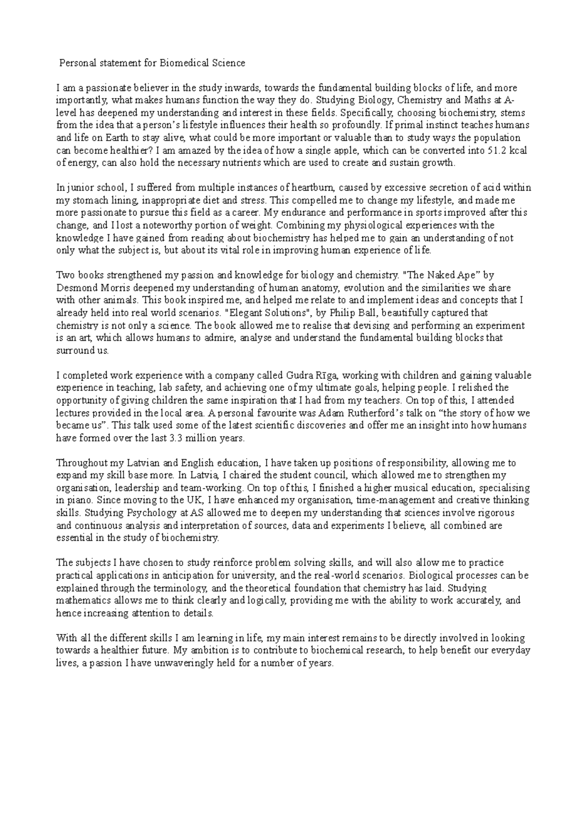 Personal Statement Studying Biology Chemistry And Maths At A Level