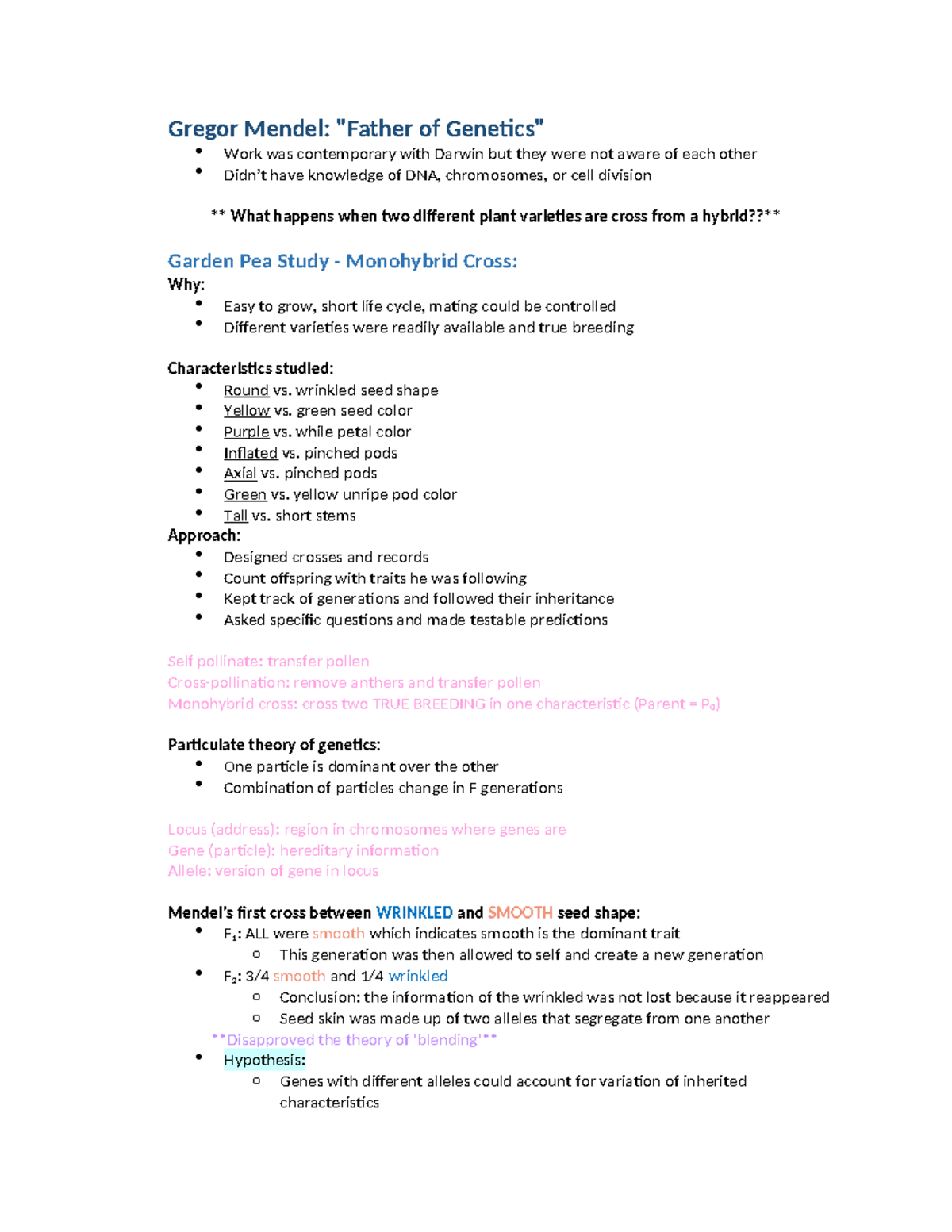 Bio 226 - midterm review - Gregor Mendel: "Father of Genetics" Work was ...