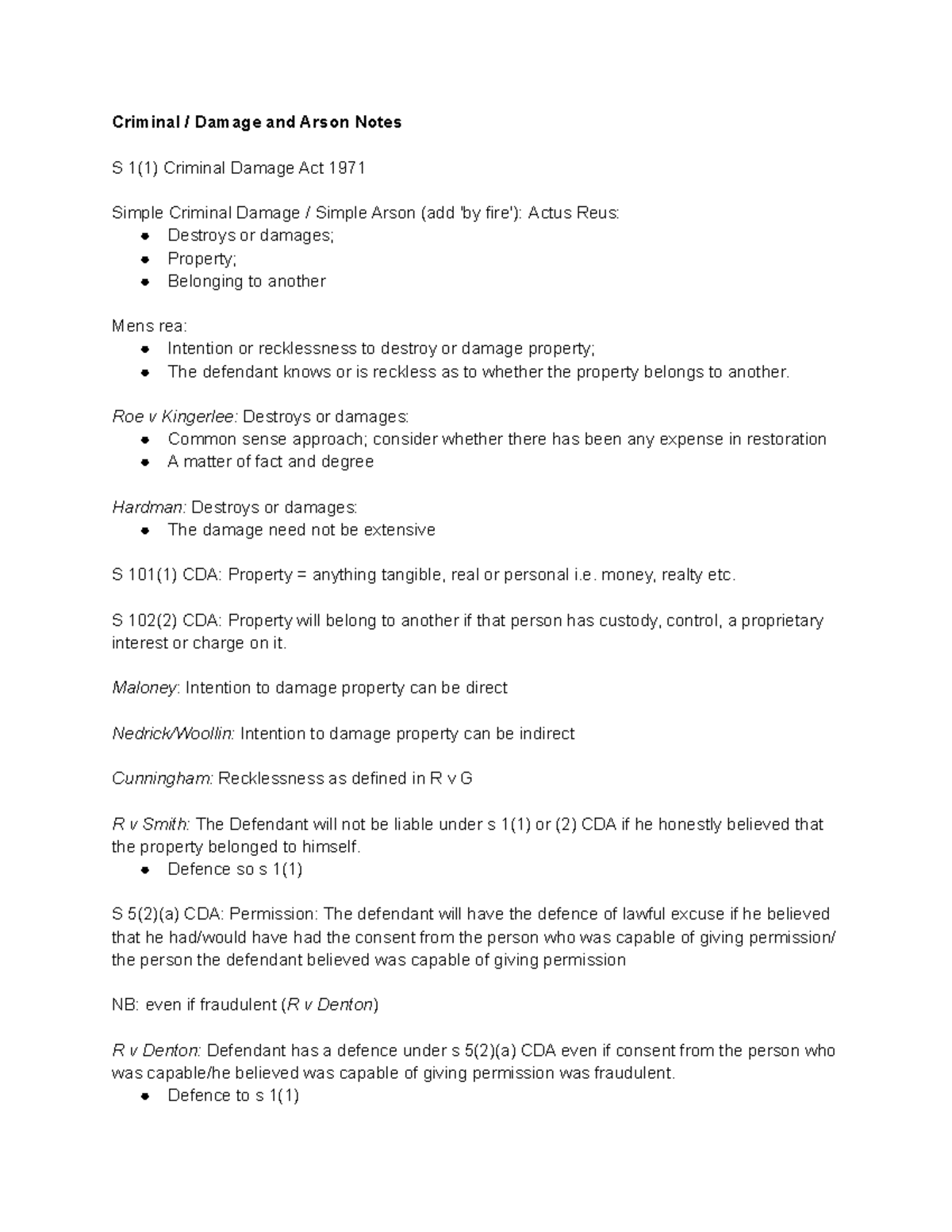 Criminal Damage and Arson Notes - Criminal / Damage and Arson Notes S 1 ...