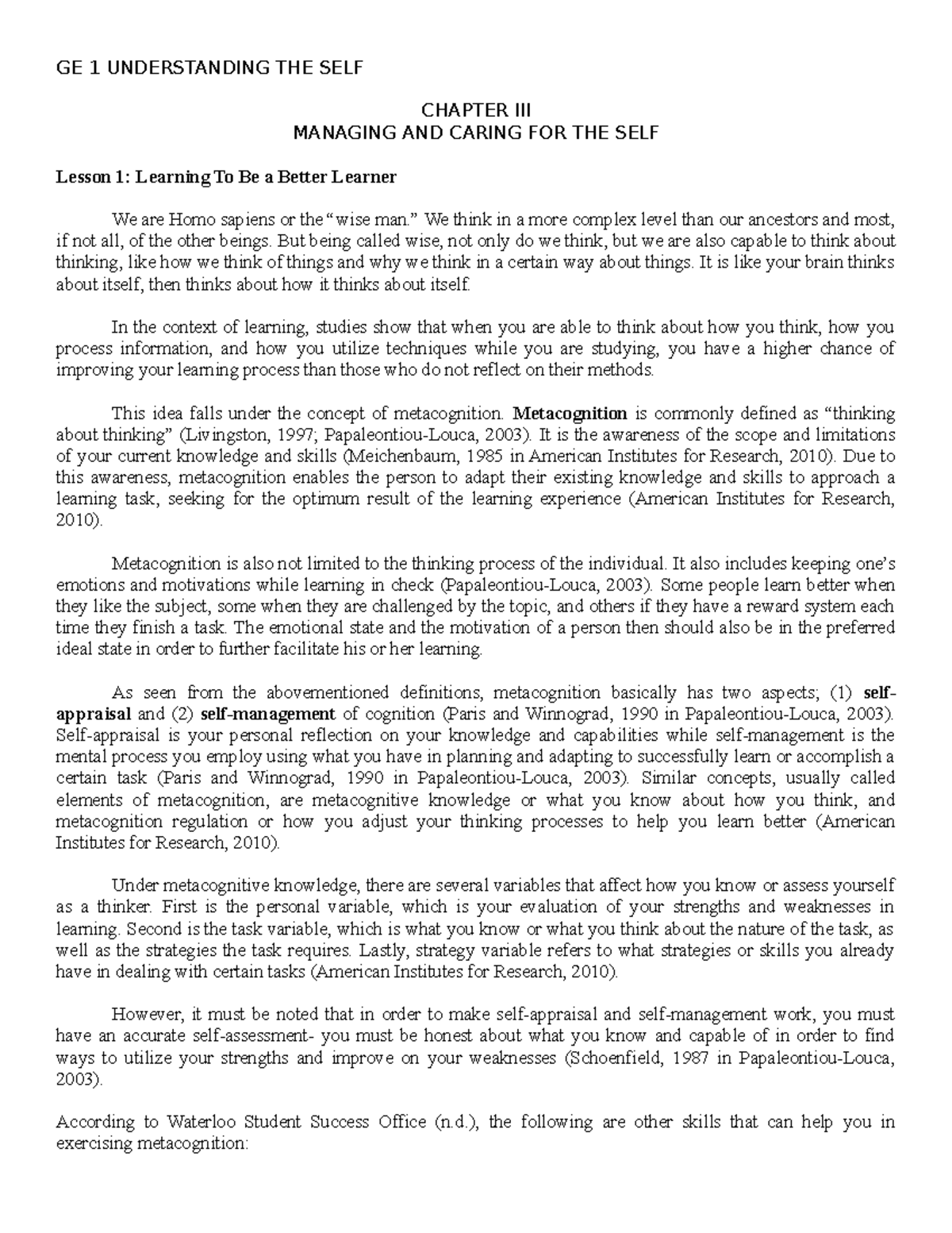 Understanding THE SELF Chapter 3 Lessons 1 and 2 - GE 1 UNDERSTANDING ...