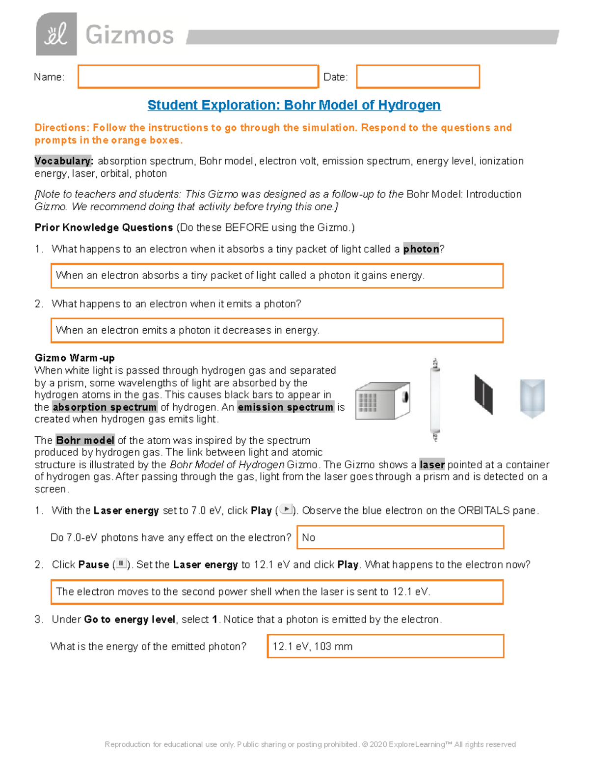 Bohr Model Hydrogen SE - about photons - Name: Date: Student ...